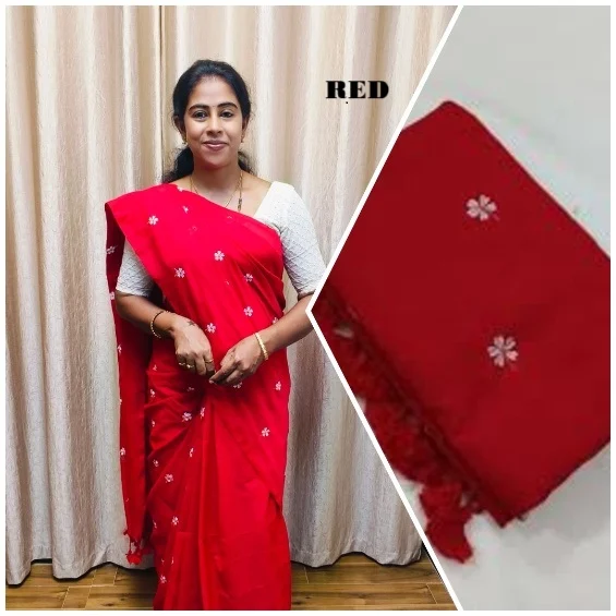 Pavalamalli or Siuli khadi cotton embroidery Sarees - Daksha Fashion